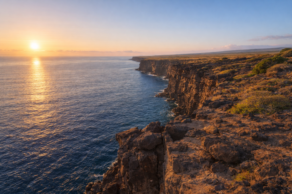 Early morning view of Ka Lae (South Point) on the Big Island, showing ...